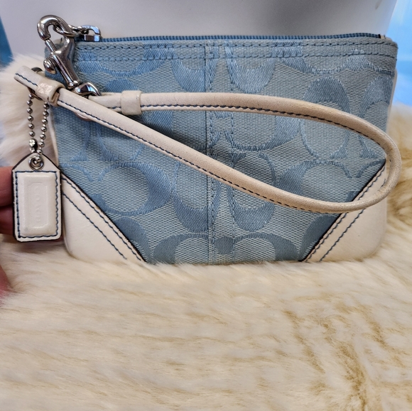 Coach | Bags | Coach Pale Blue Wristlet With Leather Trim | Poshmark